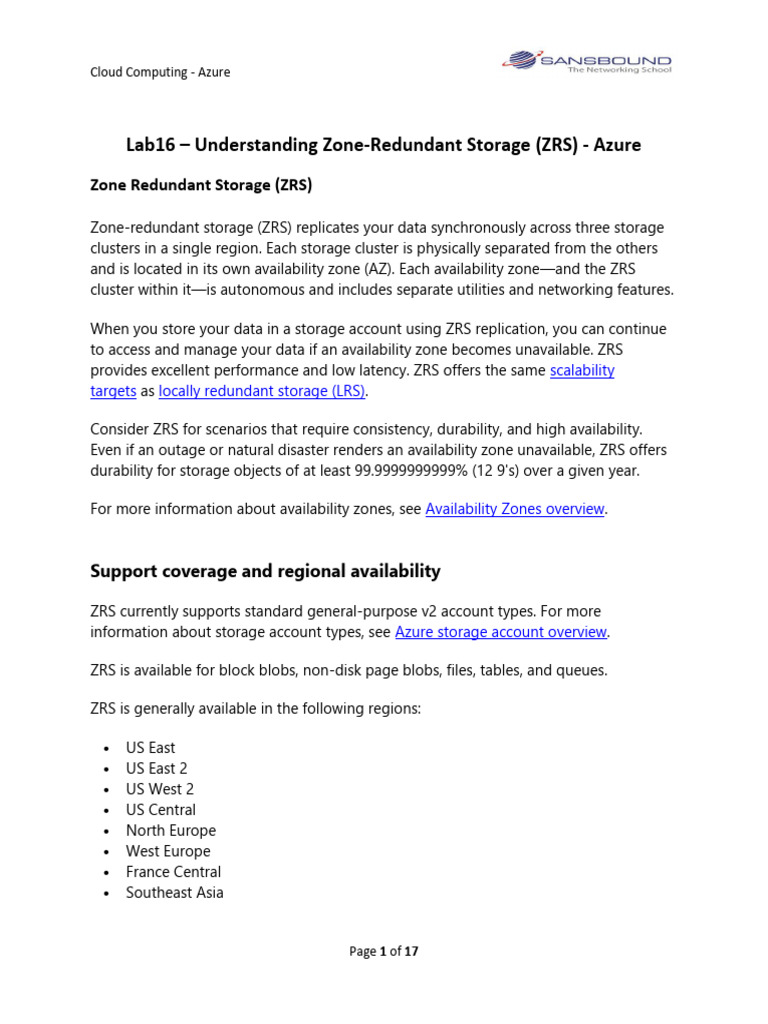 Azure Zone-Redundant Storage Guide | PDF | Microsoft Azure | Cloud ...