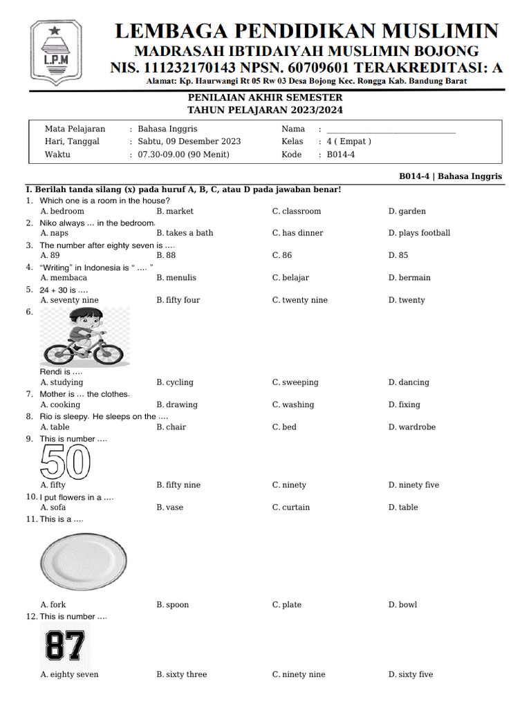 Soal TP. 2023 2024 B014-4 Bahasa Inggris Kelas 4 Madrasah Ibtidaiyah Muslimin Bojong | PDF ...