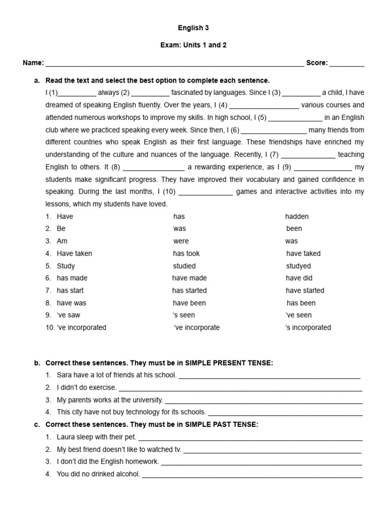 English 3 - Exam Unit 1 and 2 | PDF | English Language | Linguistics