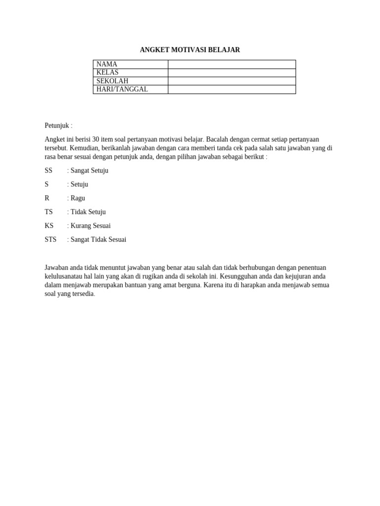 Angket Motivasi Belajar | PDF