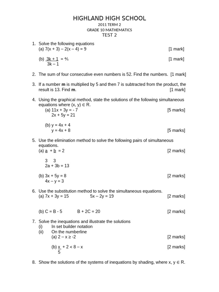 2011 - Grade 10 Term 2 Maths Test 2 | PDF