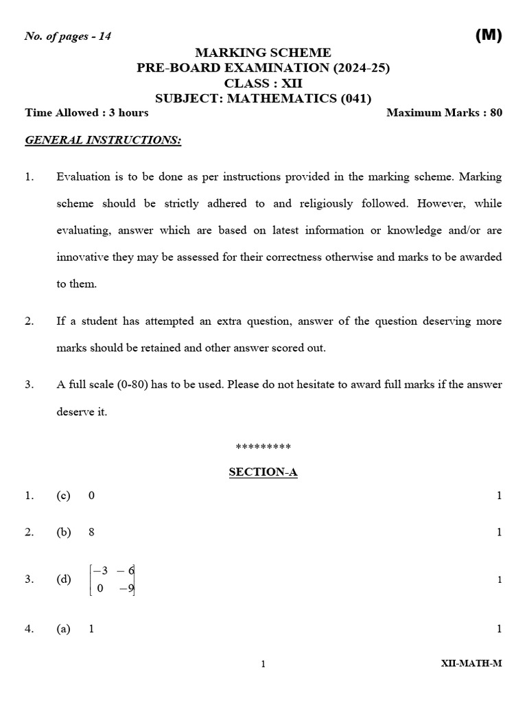 Class Xii Maths Pre-board 24-25 Doe (Morning) - Marking Scheme | PDF | Elementary Mathematics ...