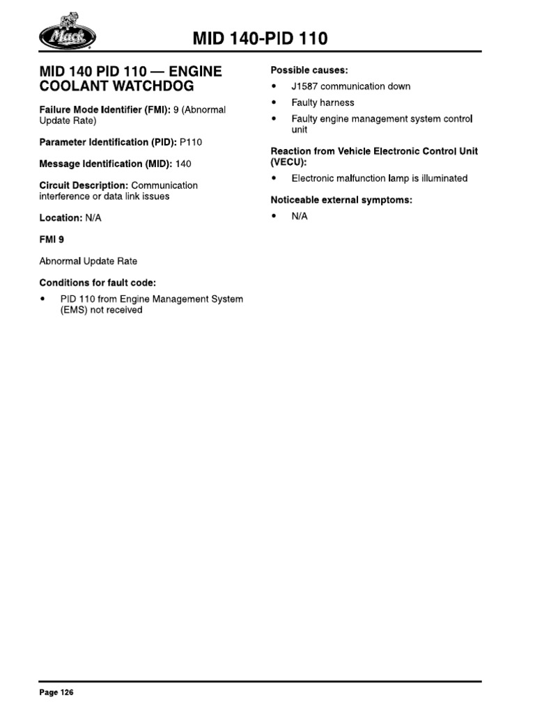 Mid 140 Pid 110 Fmi 5 Mack Truck | PDF