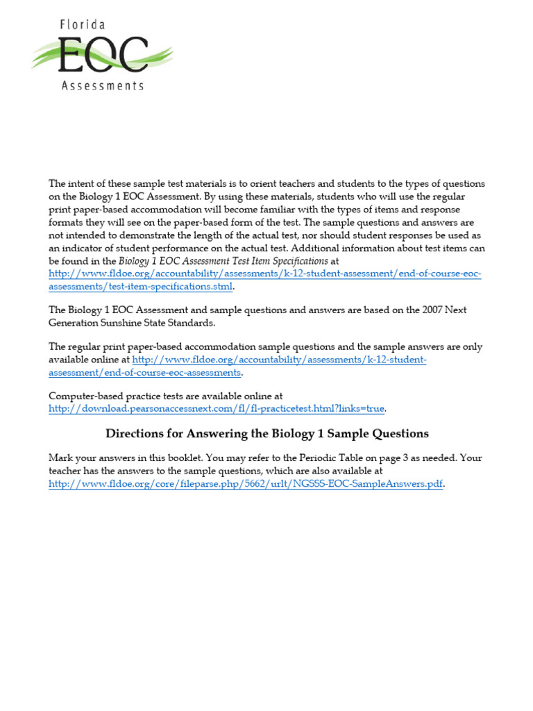 Biology 1 EOC Sample Questions | PDF | Cell Membrane | Cell (Biology)