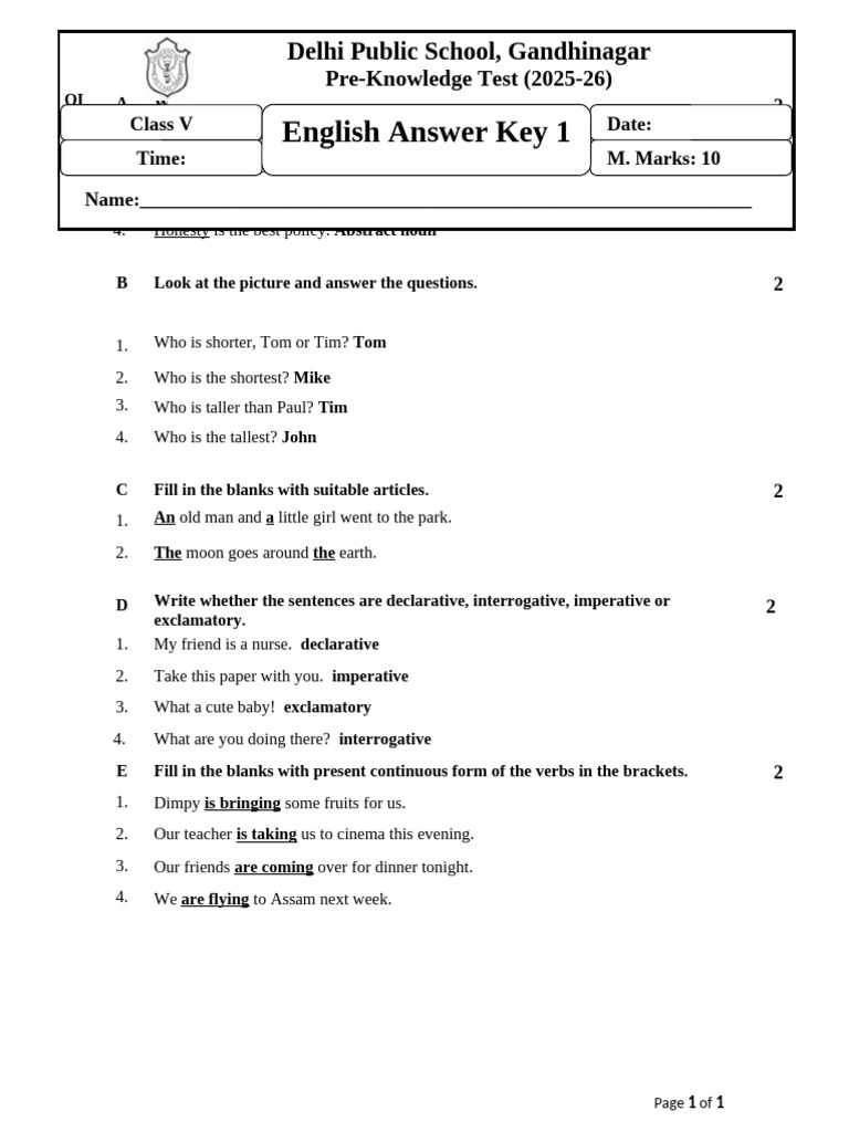 Answer Key - English Class V Pre-Knowledge Test Set-1 (2025 - 26) | PDF