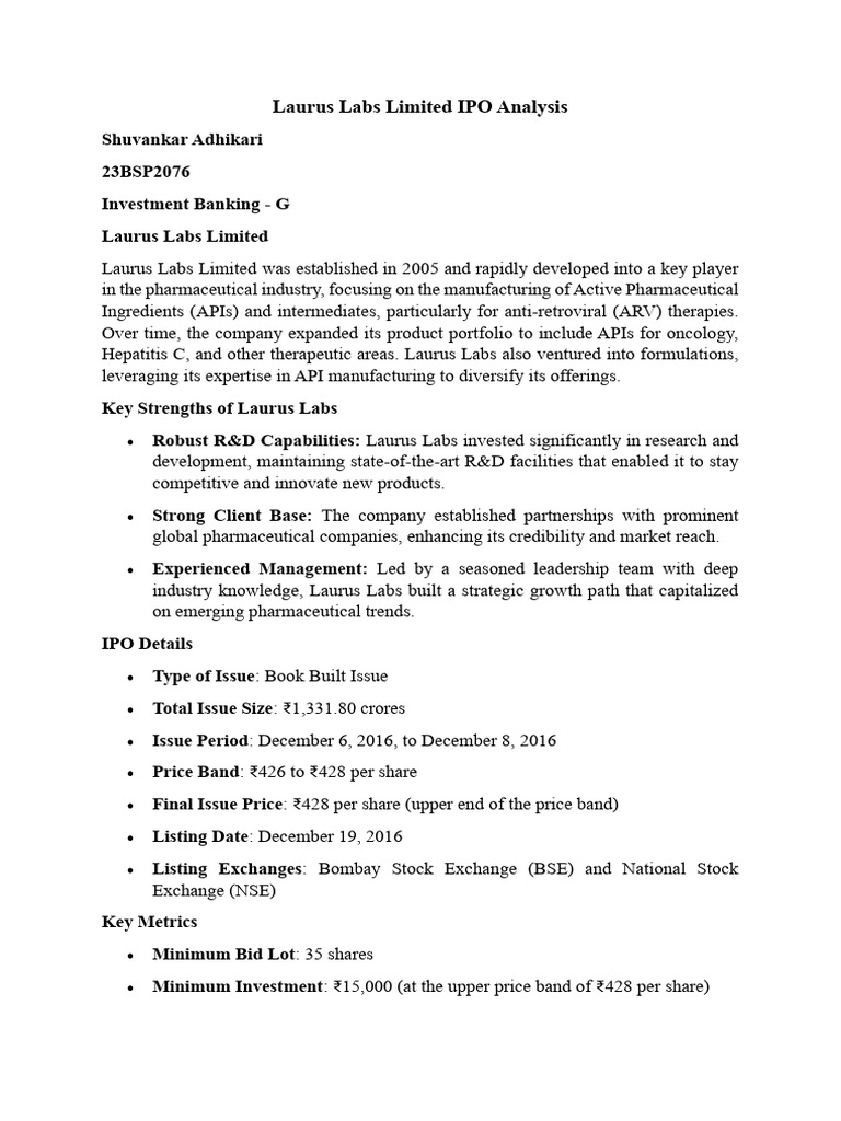 Shuvankar Adhikari - 23BSP2076 - Laurus Labs Limited IPO Analysis | PDF ...