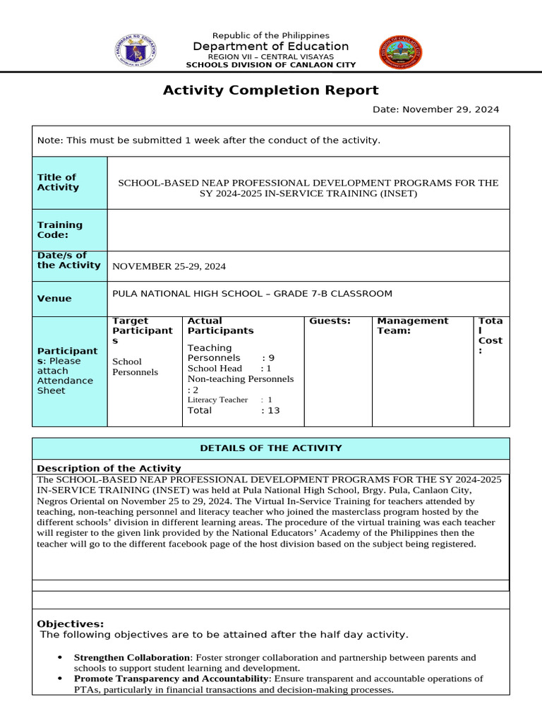 Activity-Completion-Report | PDF | Educational Assessment | Curriculum
