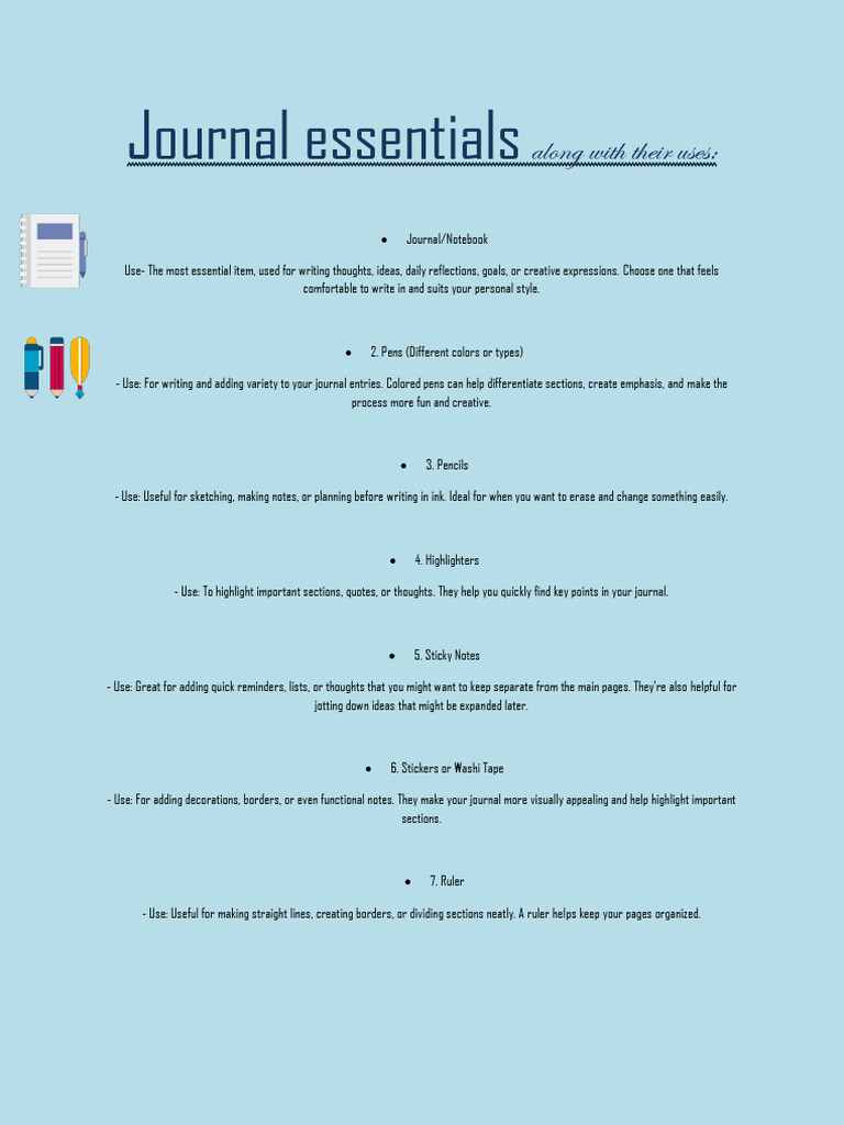 Journal Essentials Along With Their Uses | PDF | Drawing