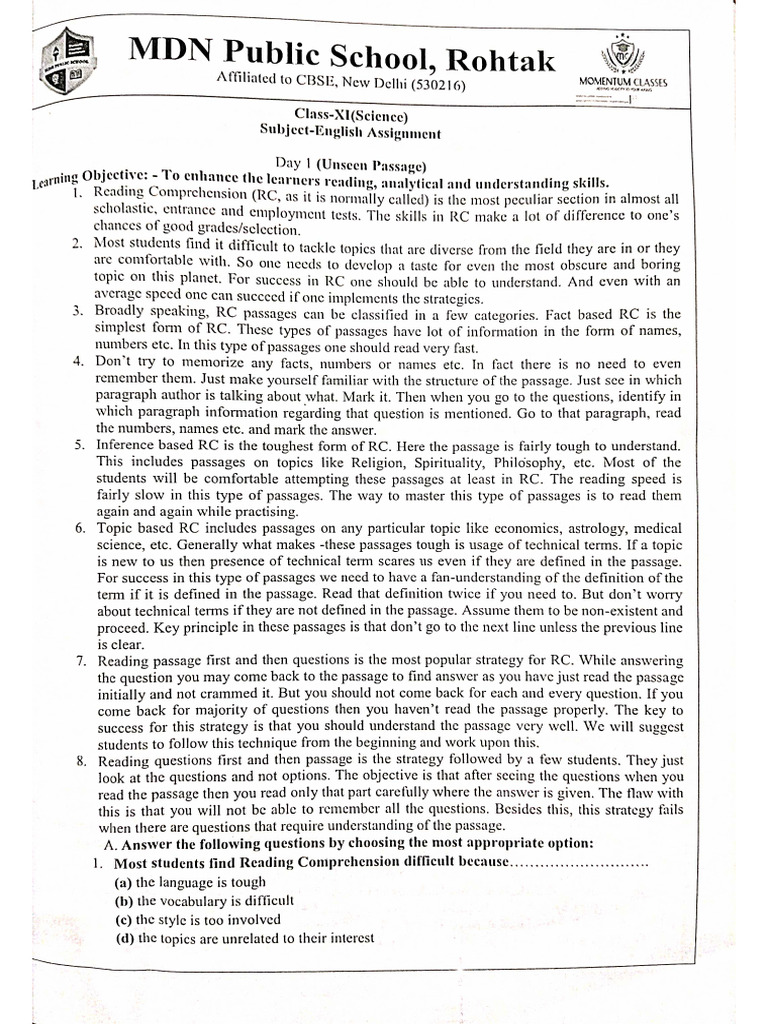 School holiday homework Class 11 | PDF