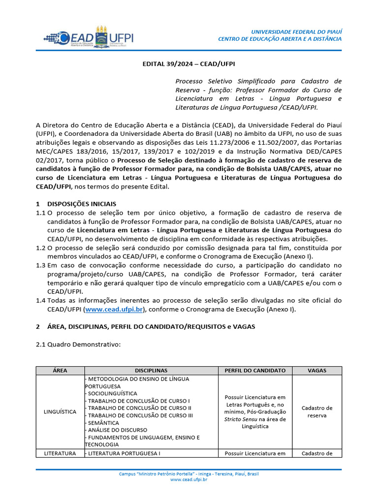 Edital 39 2024 - Professor Formador - Letras Portugues Atualizado 1 ...