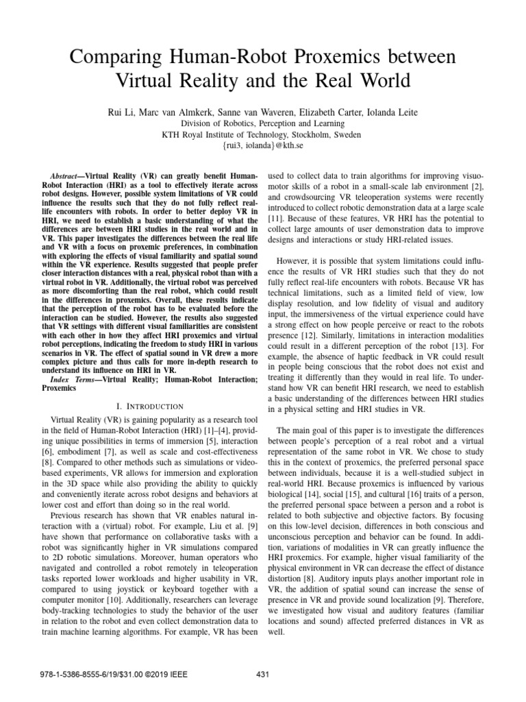 Comparing Human-Robot Proxemics Between Virtual Reality and The Real World | PDF | Virtual ...