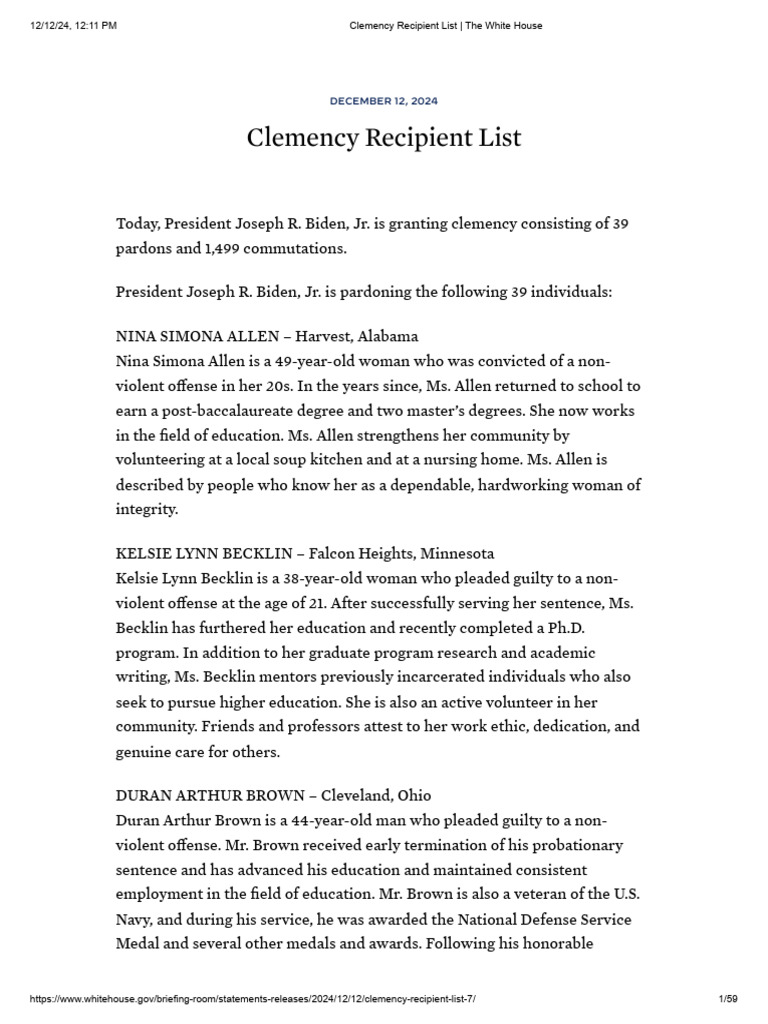 December 2024 Clemency Recipients List | PDF | Military Discharge ...