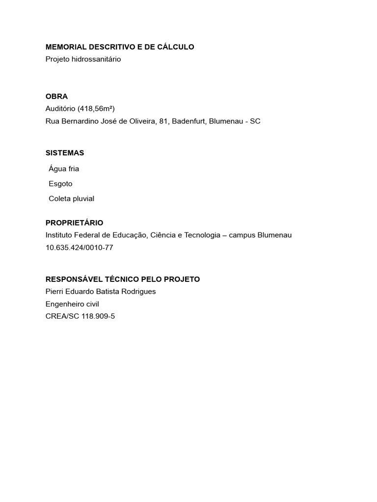 DOC-5.2.2-BNU-Auditorio-Memorial Descritivo e de Calculo Hidro | PDF | Tanque séptico | Desperdício