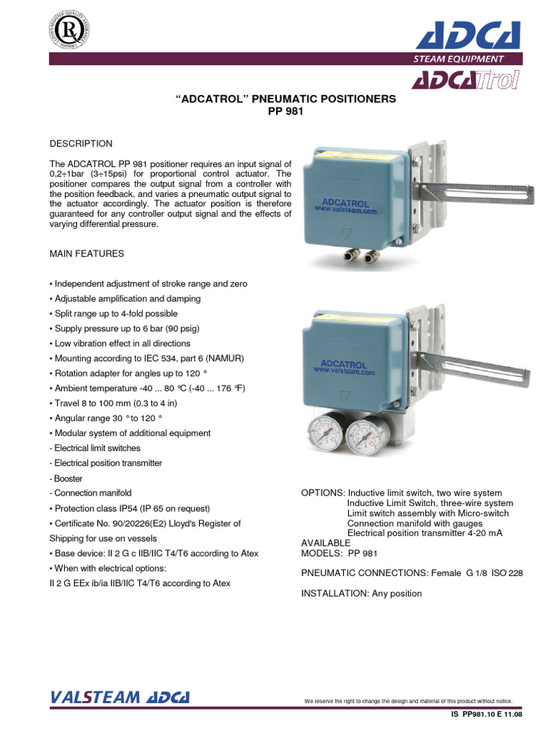 3.77.E.PP981 Pneumatic Valve Positioners | PDF | Actuator | Amplifier