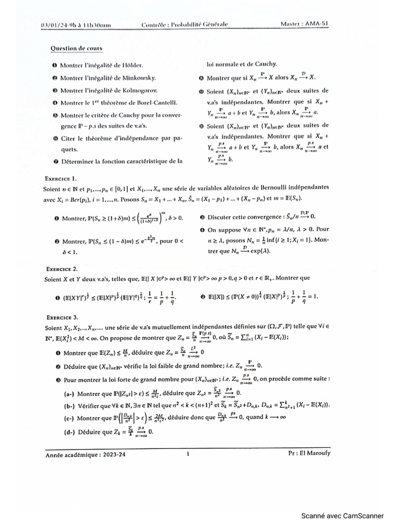 Exam Module Probabilite Generale 2023-2024 | PDF