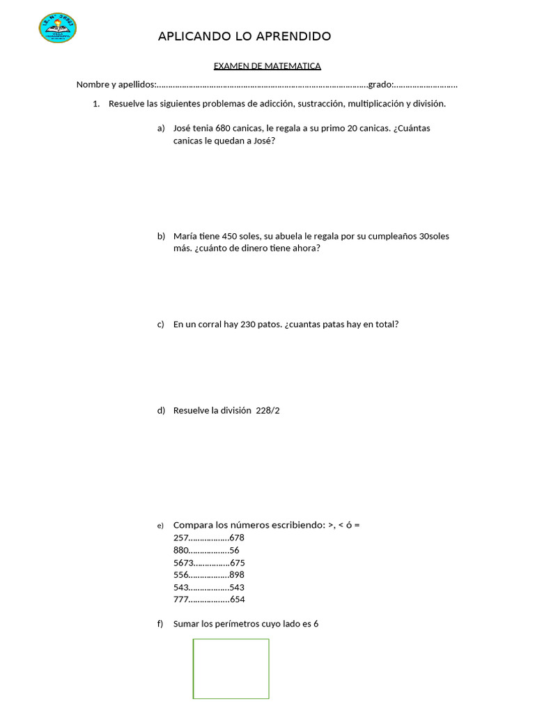 Examen de Matematica-3° Grado | PDF