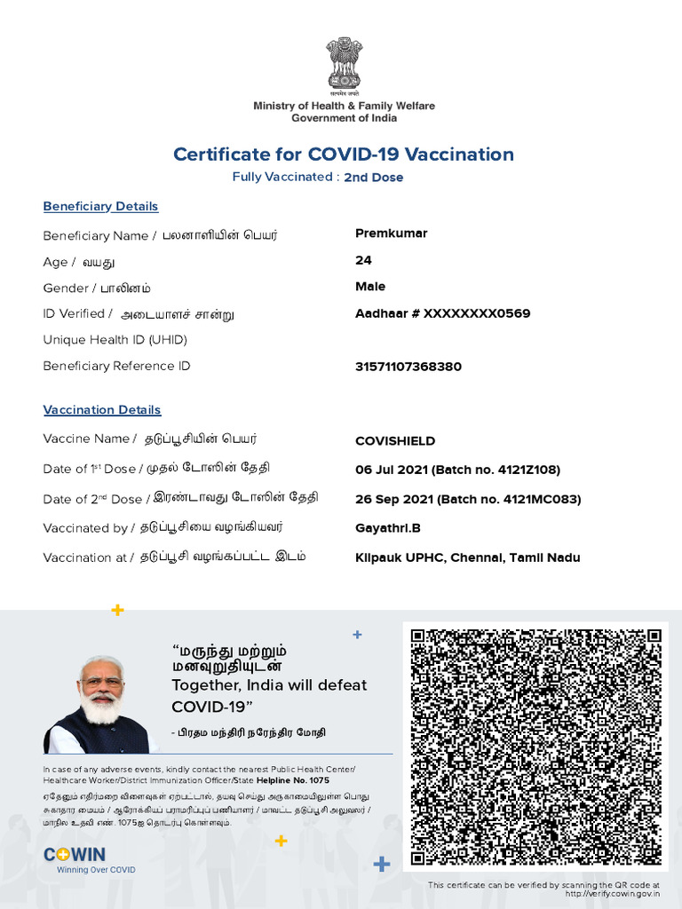 Certificate For COVID-19 Vaccination: Beneficiary Details Fully ...