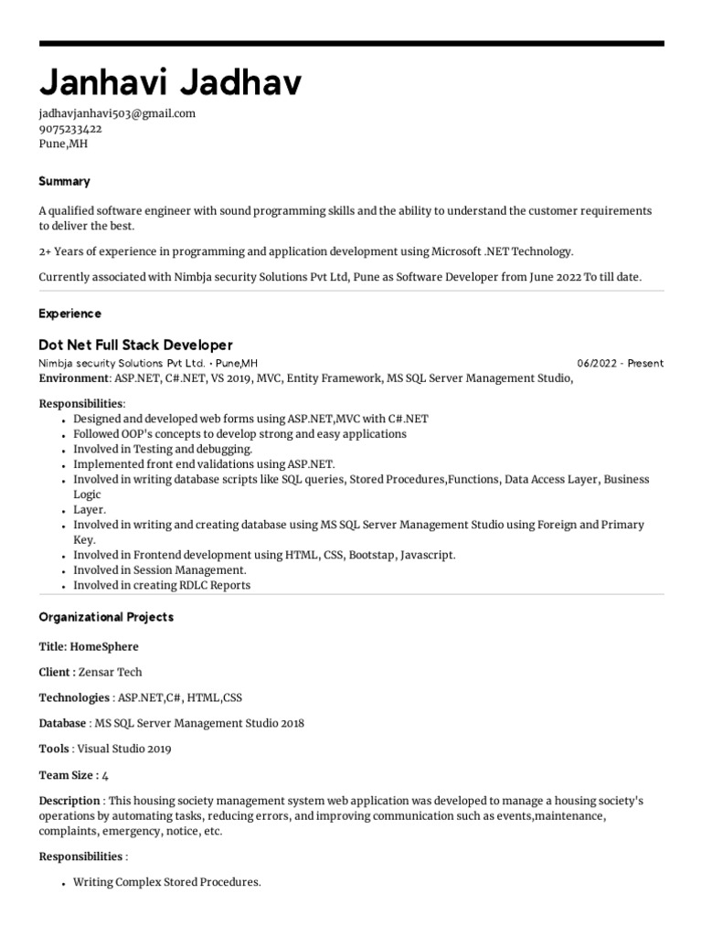 Janhavi Jadhav__Cv | PDF | Entity Framework | Databases