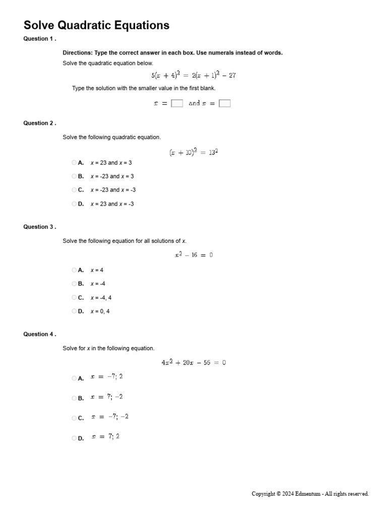 Printable Worksheet - Solve Quadratic Equations - Study Island | PDF | Quadratic Equation ...