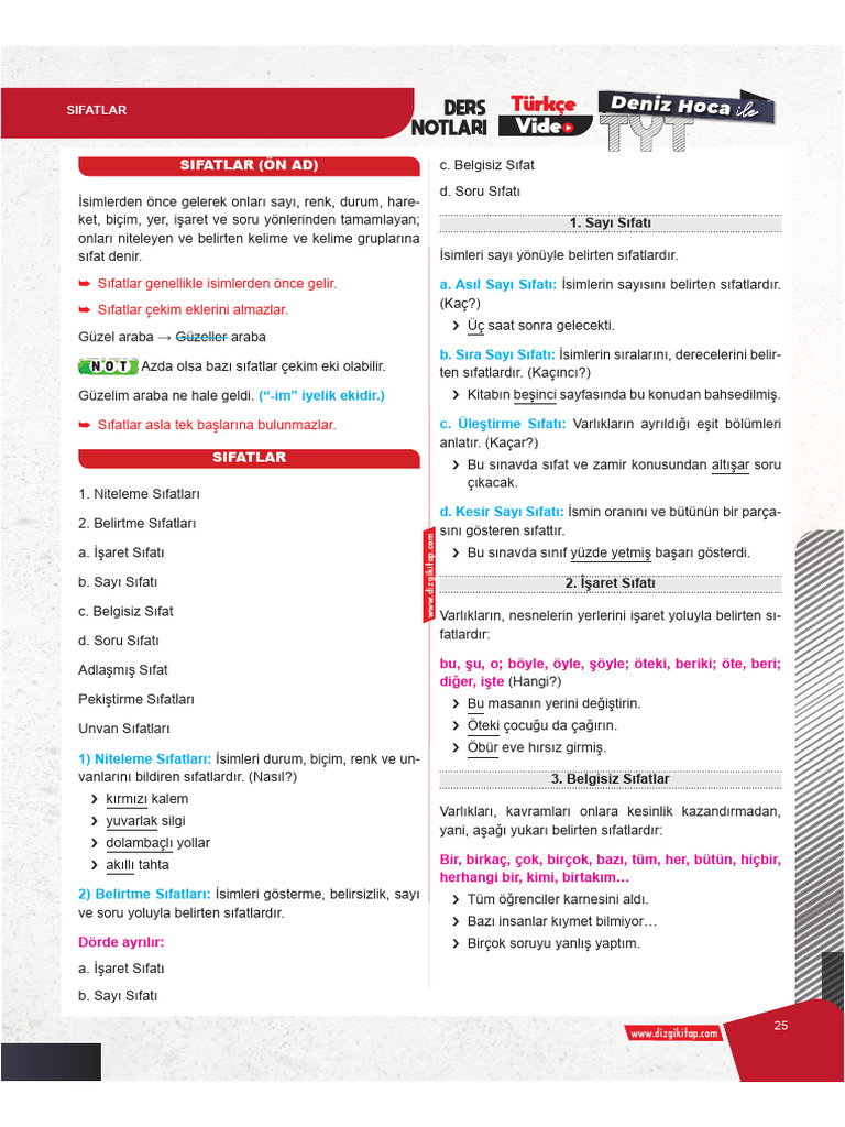 Sifatlar Ve Sifat Tamlamasi PDF 2024 Deniz Hoca | PDF