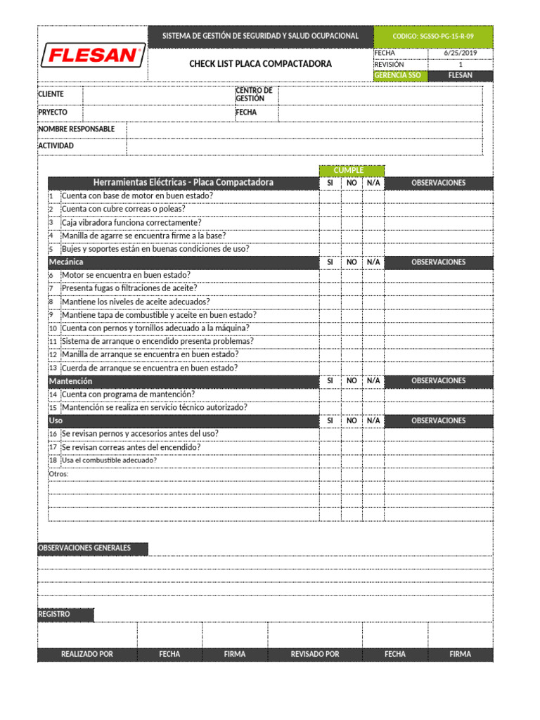 SGSSO PG 15 R 09 Check List Placa Compactadora | PDF