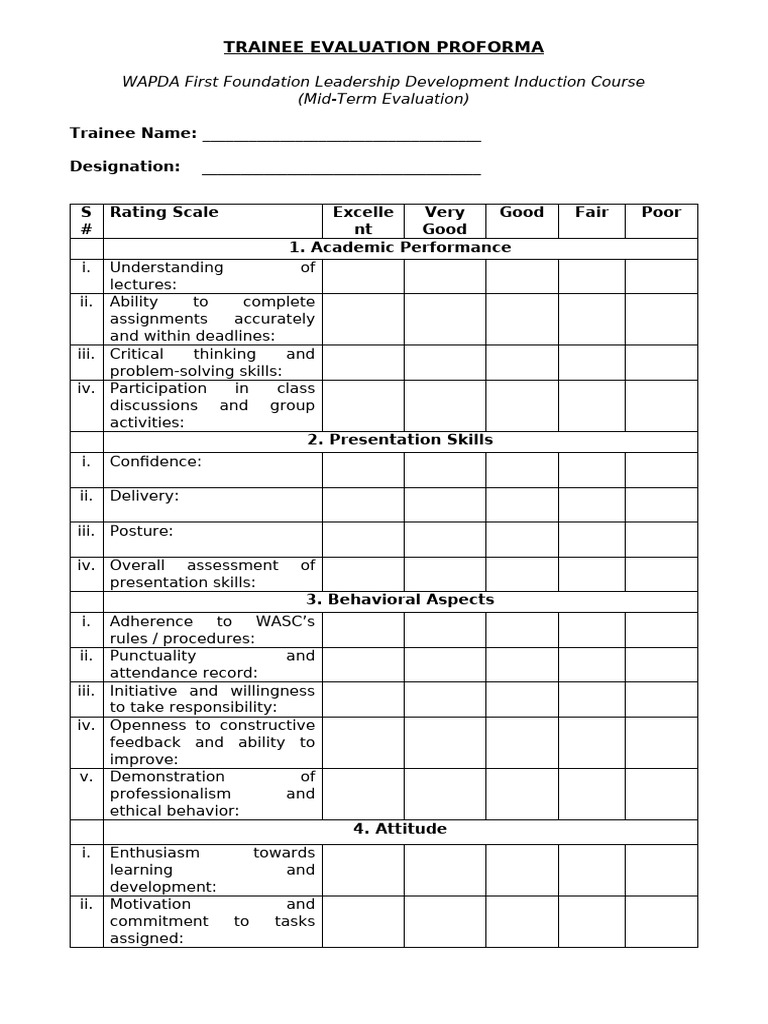 Trainee Evaluation Proforma | PDF | Skill | Evaluation