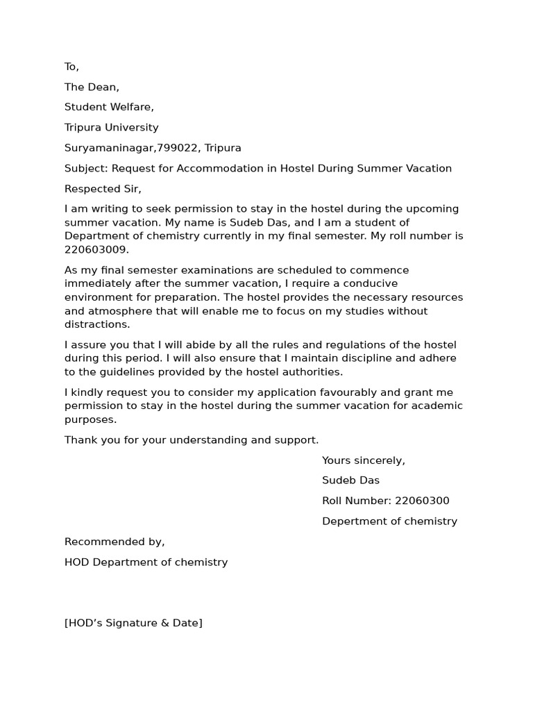 Hostel Stay Request for Summer Exams | PDF