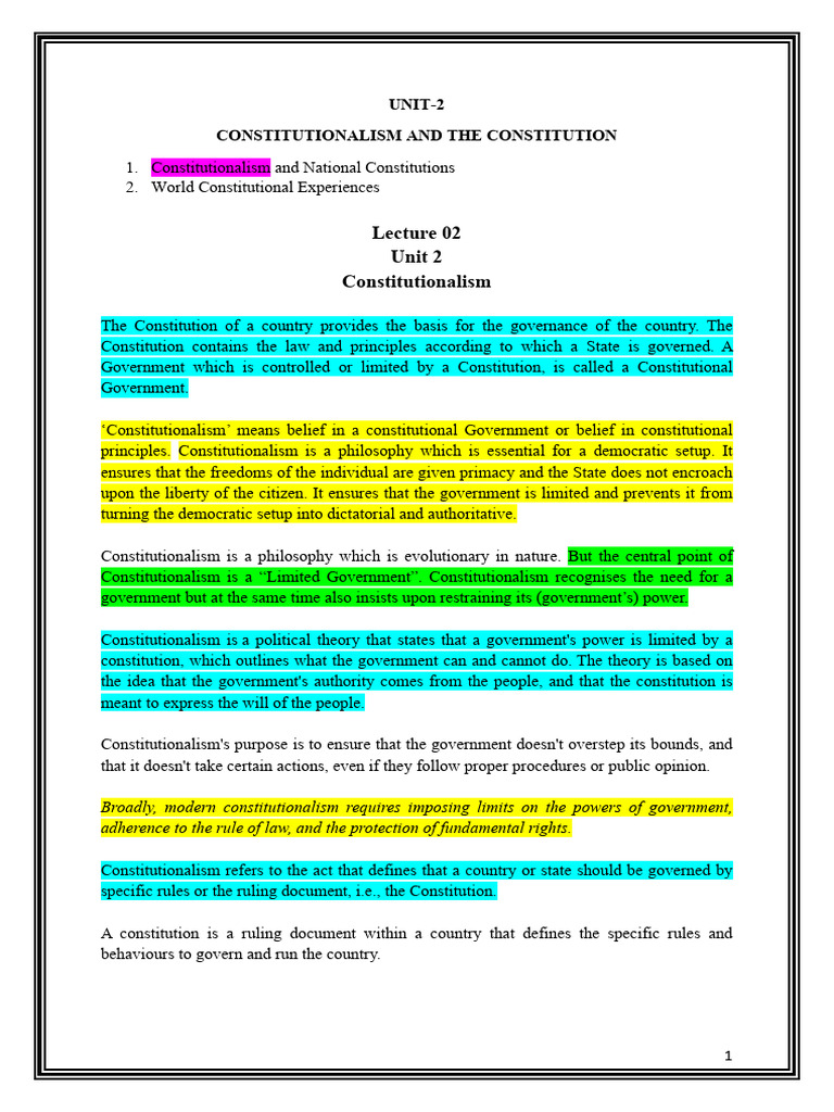 Unit 2 - Constitutionalism | PDF | Constitution | Separation Of Powers