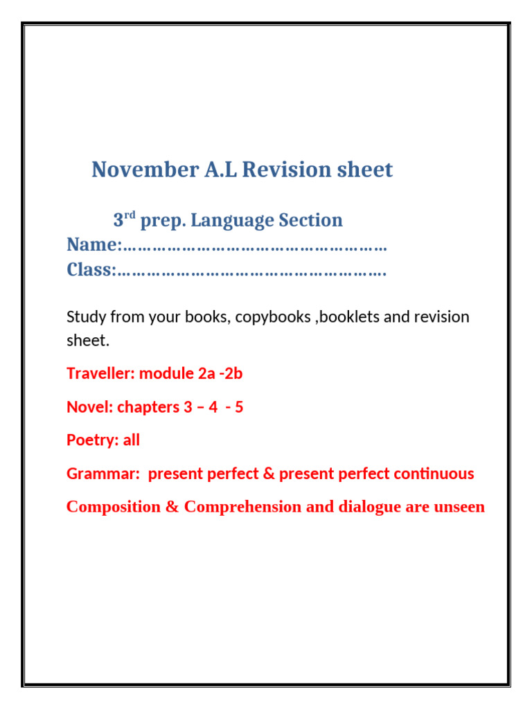 November A.L Revision Sheet Guide | PDF