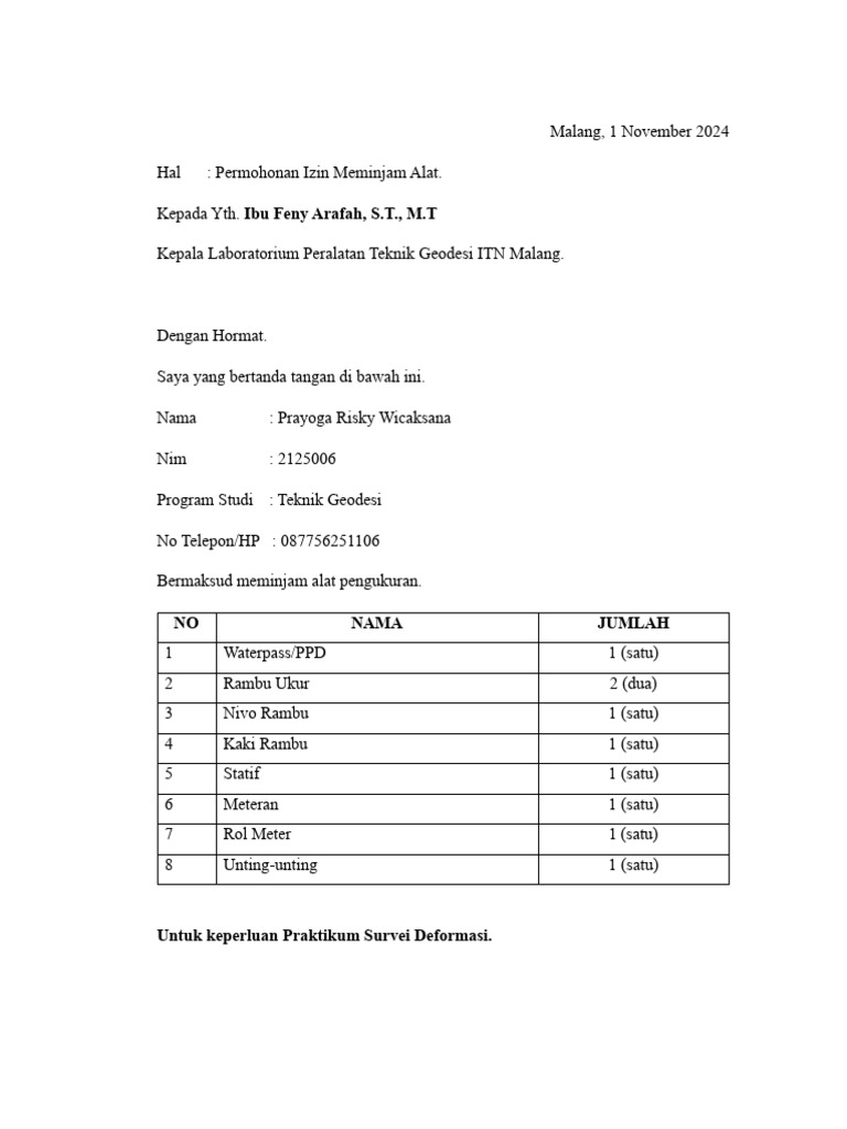 Surat Peminjaman Alat K 10 | PDF