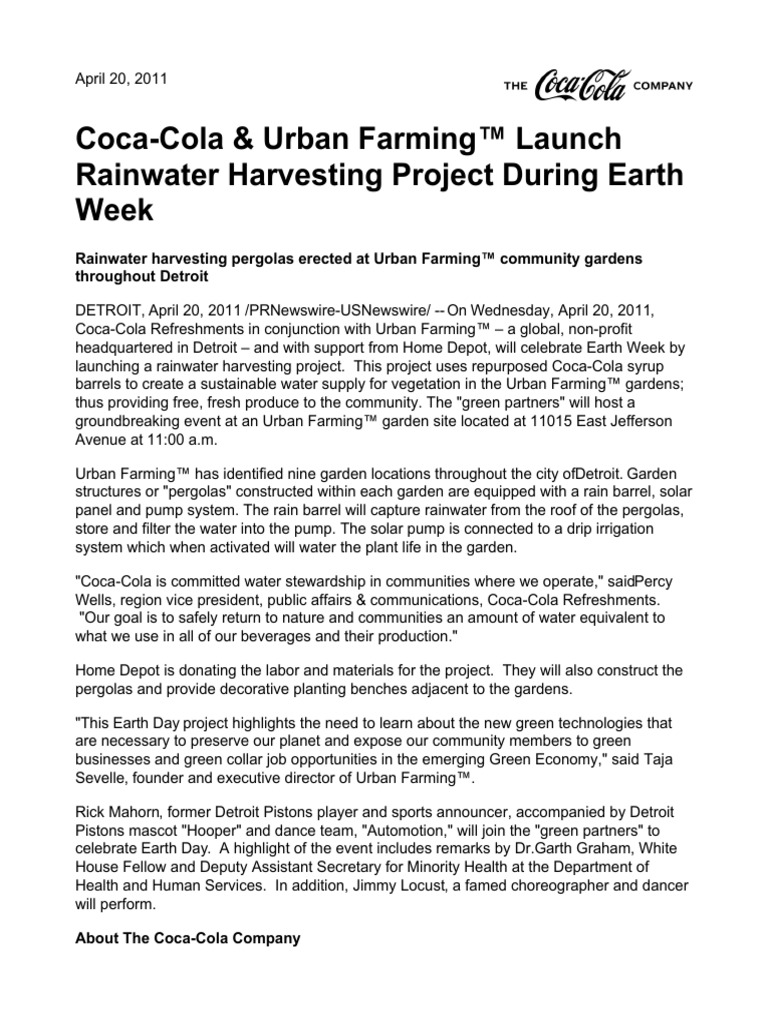 Coca-Cola Launches Rainwater Project in Detroit | PDF | The Coca Cola ...