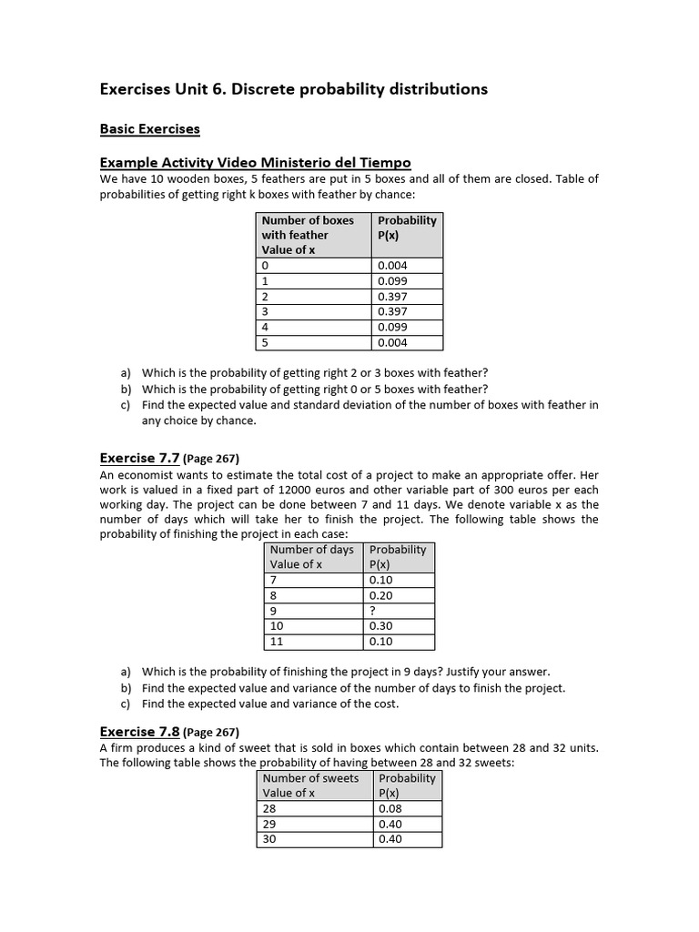 Exercises - Unit 6 - Discrete Probability Distributions | PDF | Variance | Expected Value