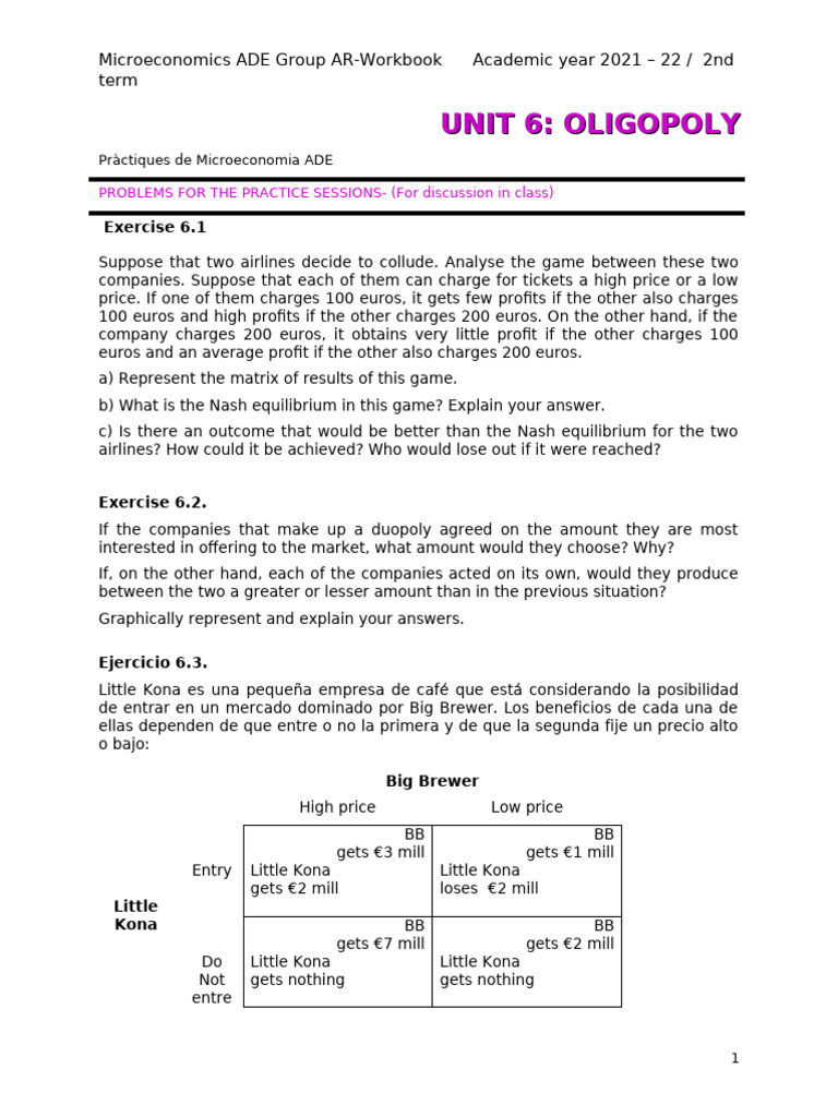 PROBLEM SET UNIT 6 - EN (Correction2) | PDF | Profit (Economics) | Oligopoly