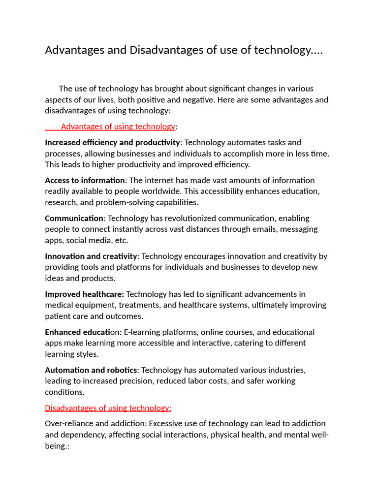Advantages and Disadvantages of Use of Technology | PDF | Educational ...