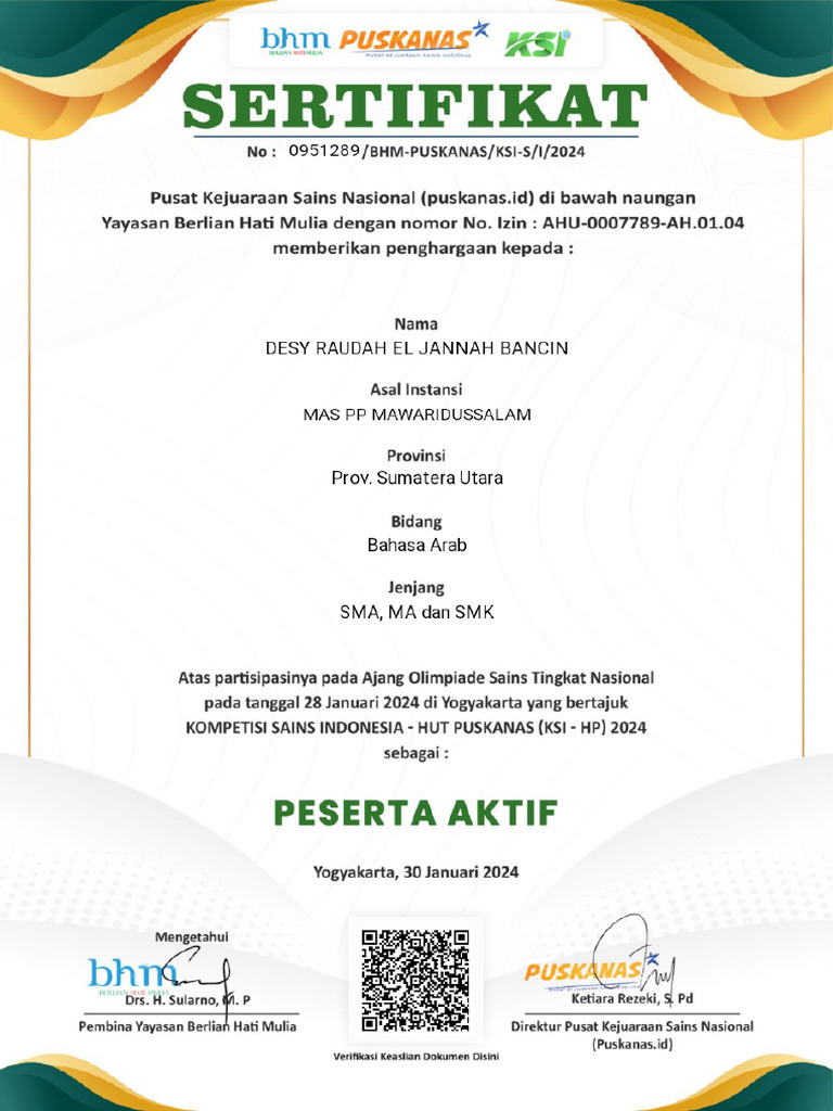 Cert - Bahasa Arab - KSI-HUT PUSKANAS 2024 | PDF