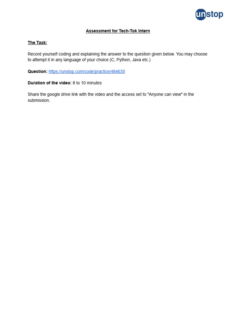 Tech-Tok Intern Coding Assessment | PDF