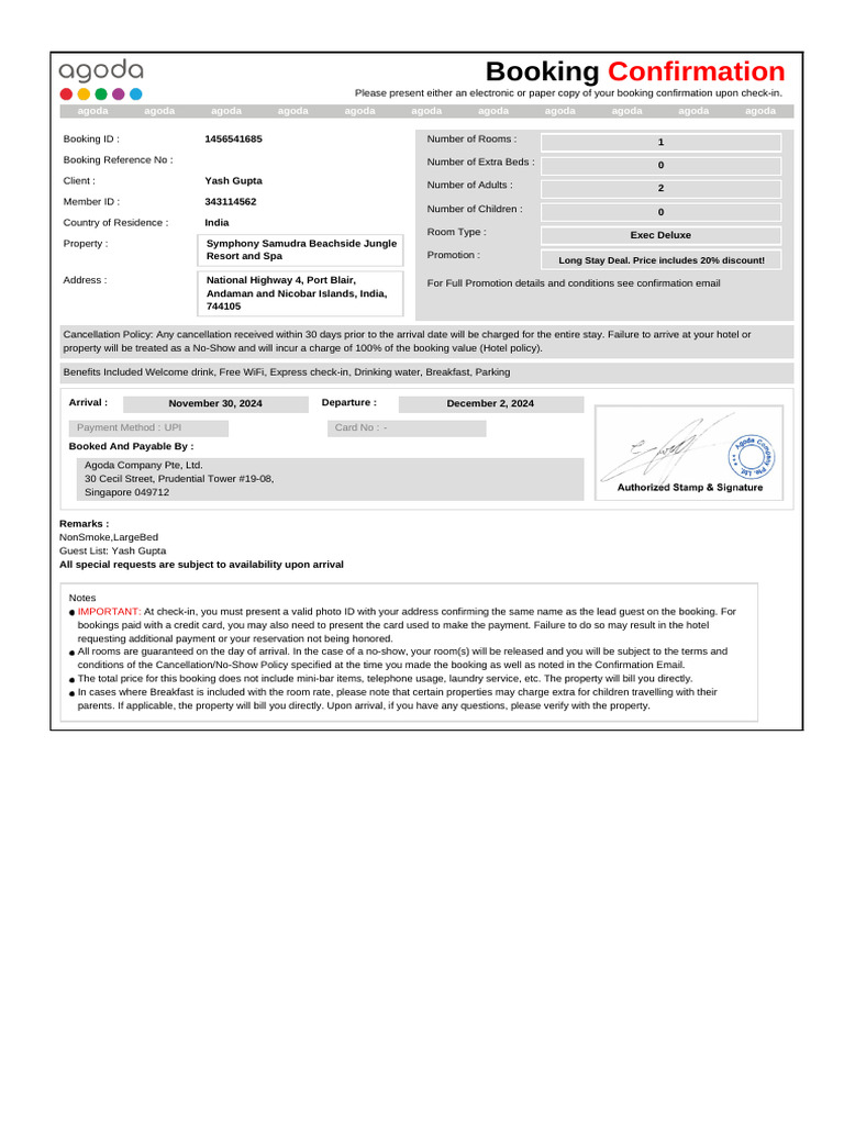 Agoda Booking Confirmation: Symphony Samudra Resort | PDF