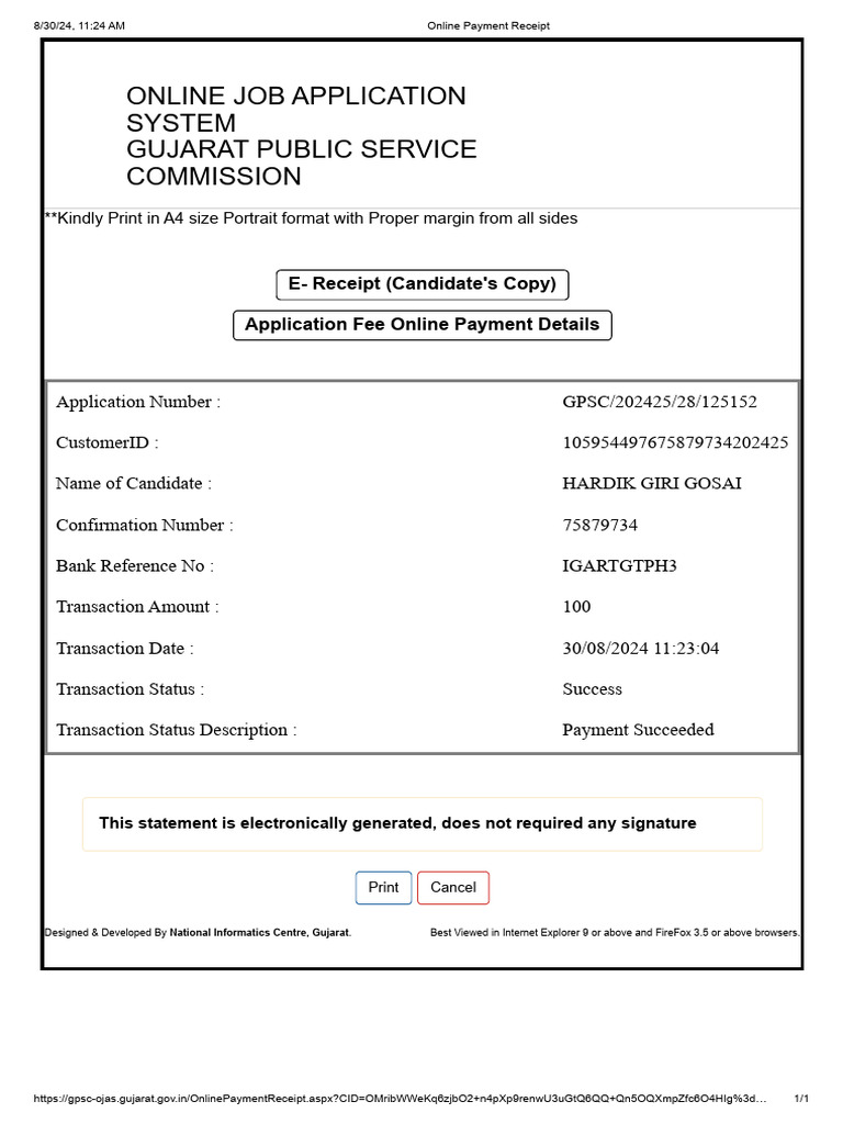 STI Online Payment Receipt for Hardik Gosai | PDF
