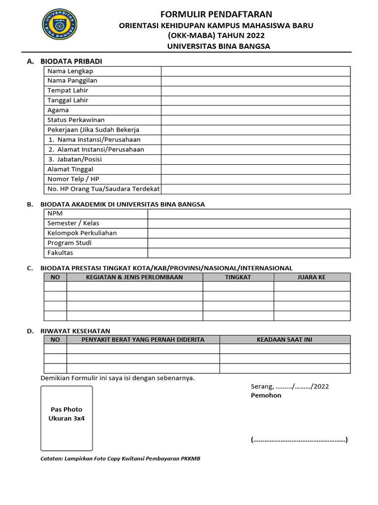 Formulir Pendaftaran Okk Maba 2022 | PDF