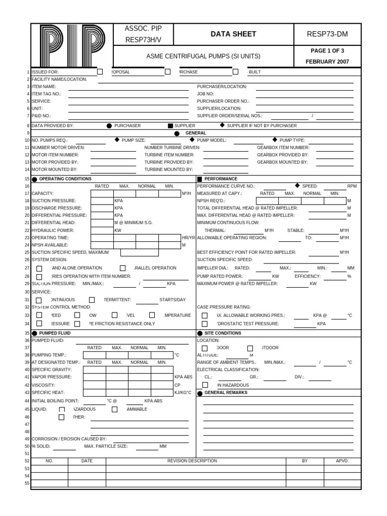 ASME Centrifugal Pumps Data Sheet | PDF | Pipe (Fluid Conveyance) | Pump