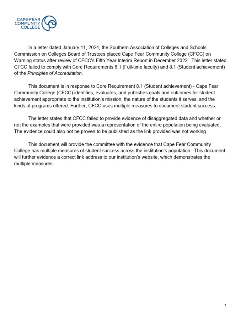 Response Documents CFCC Response To SACSCOC | PDF | Psychology | Curriculum