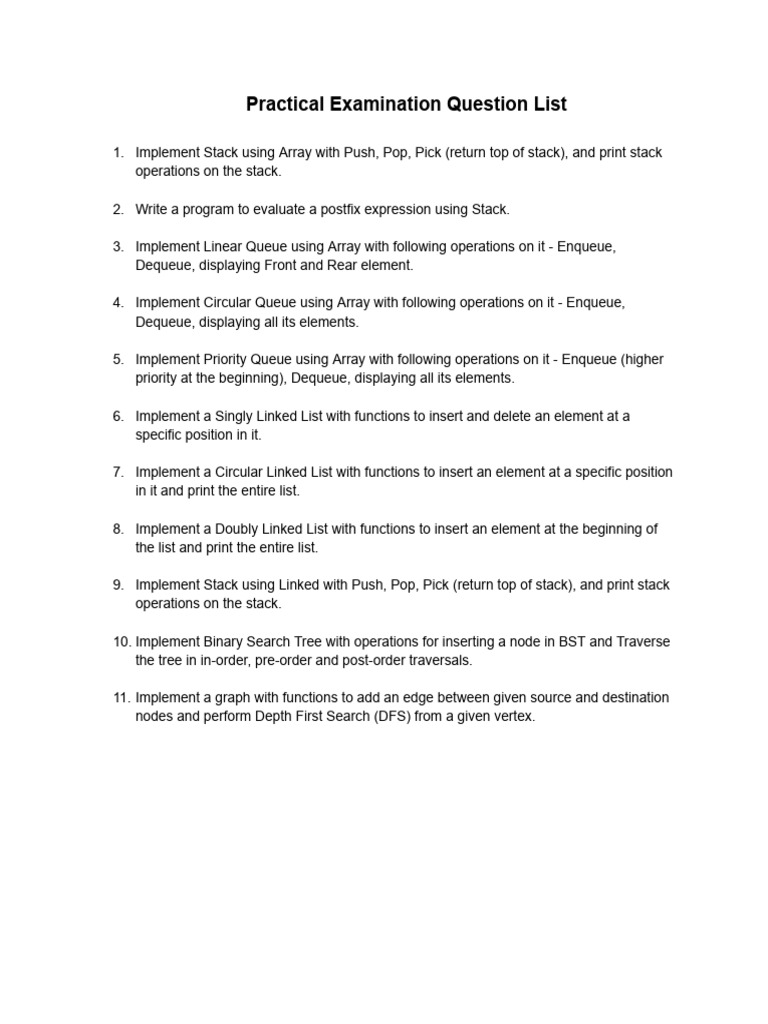 Practical Exam Question List | PDF