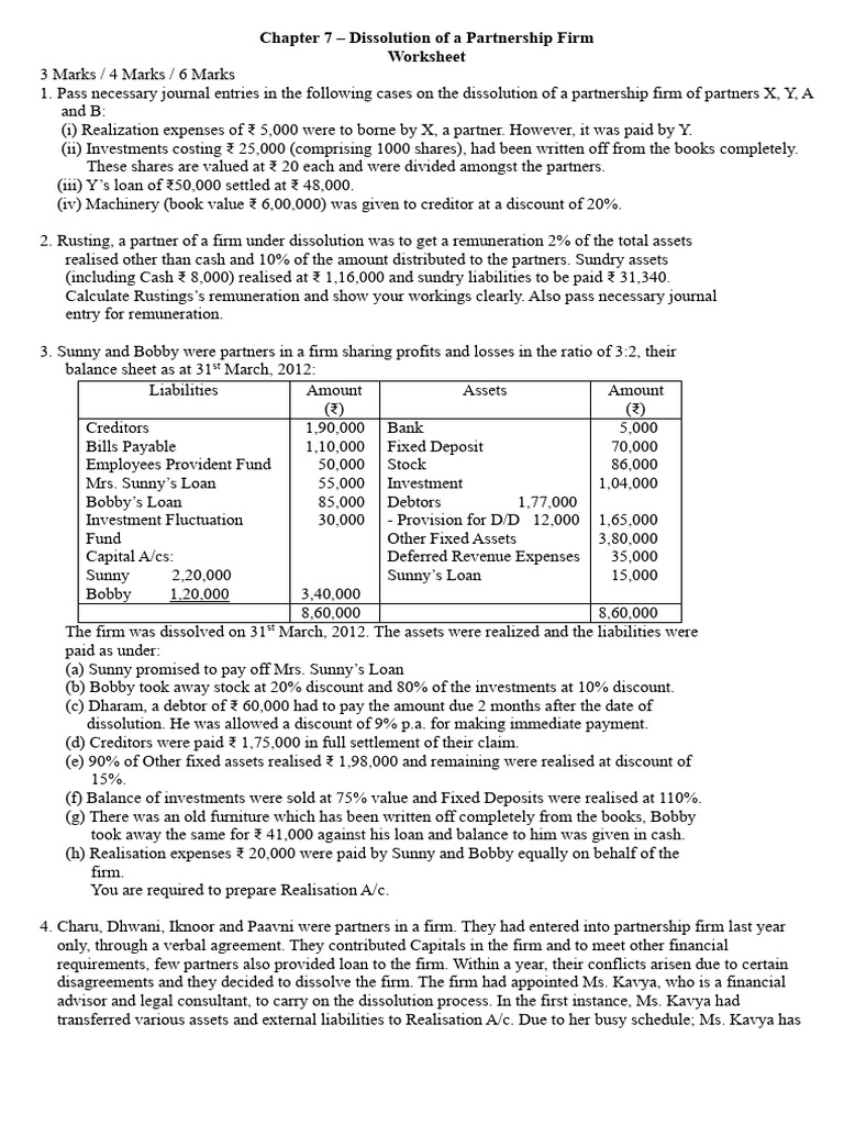 Chapter 7 – Dissolution of a Partnership Firm 3 4 & 6 Marks Worksheet ...
