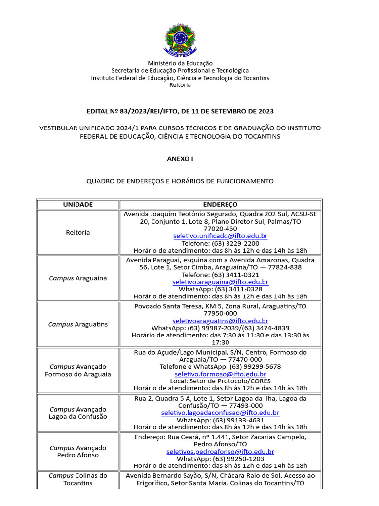 Anexo 1 Quadro de Enderecos Dos Campi | PDF