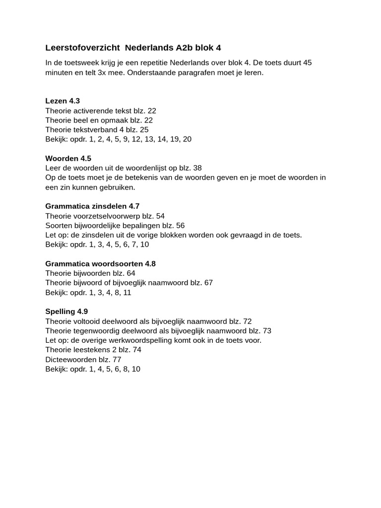 Leerstofoverzicht Nederlands A2b Blok 4 | PDF