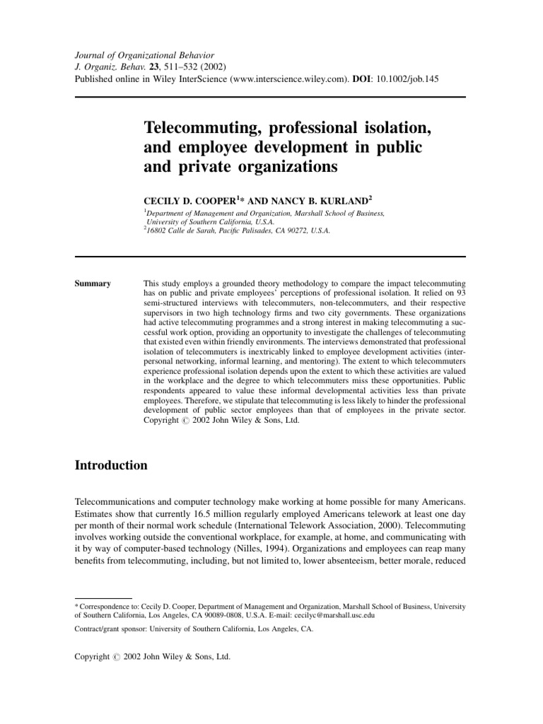 Telecommuting Professional Isolation and Employee Fic8x4vn5f | PDF ...