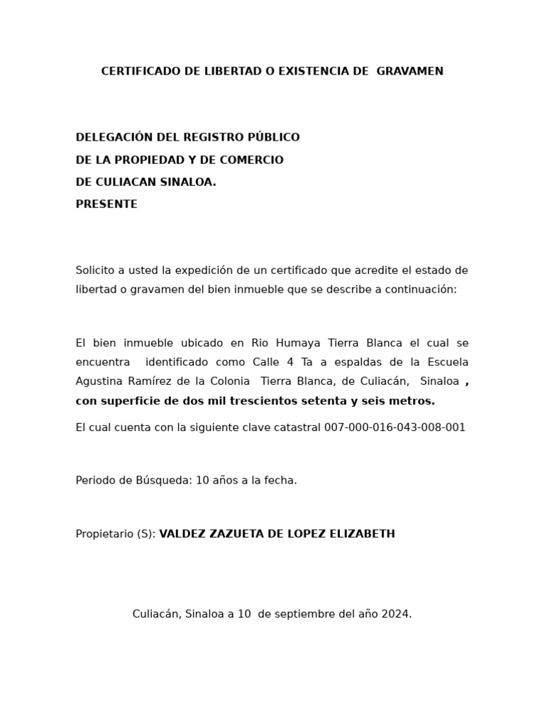 Certificado De Libertad O Existencia De Gravamen Pdf