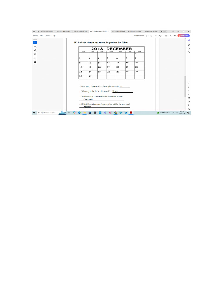 Calendar Worksheet Grade 2 3 Cleaned | PDF