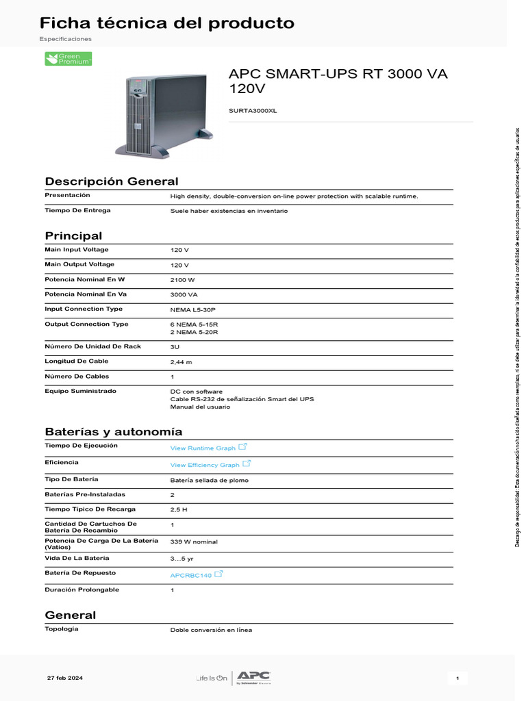 APC Smart-UPS RT 3000 VA 120V Especificaciones | PDF | Cantidades ...