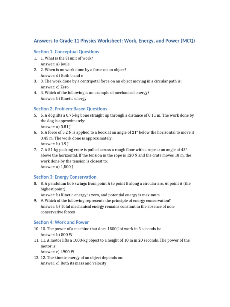 Grade 11 Physics Worksheet Answers | PDF
